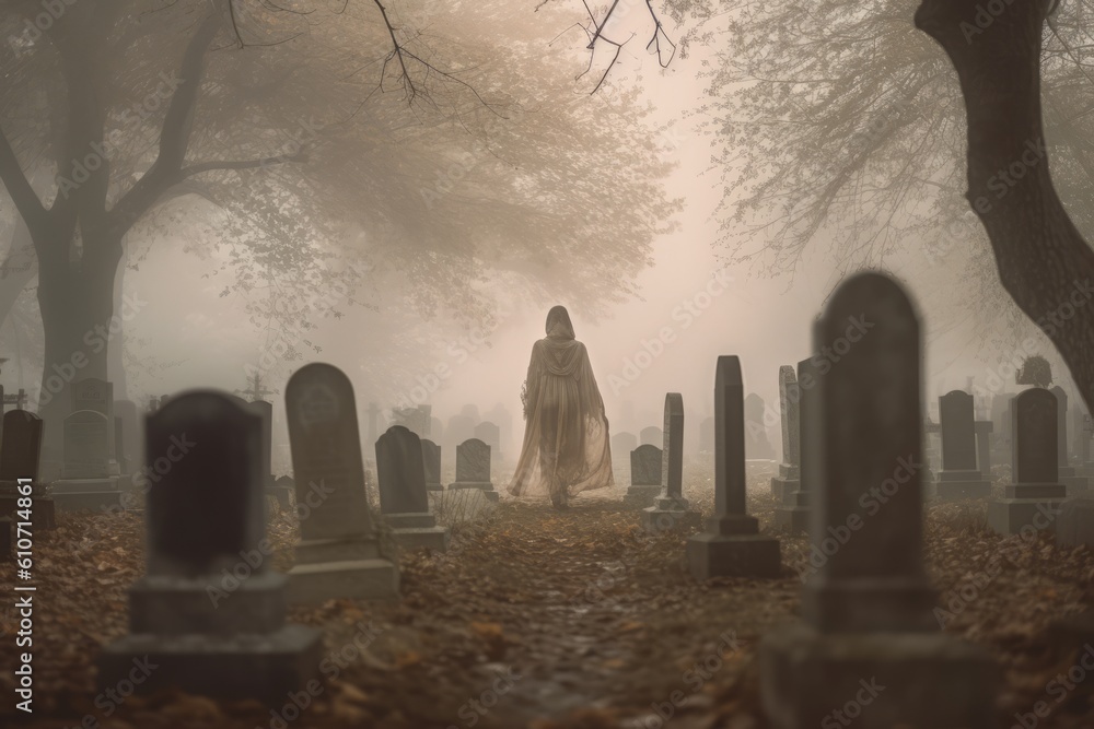 An evocative image of a ghostly figure wandering through an old ...