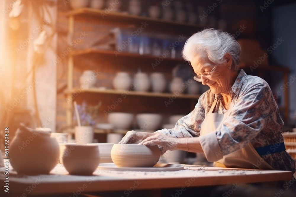 An elderly woman trying her hand at pottery, molding clay with a sense ...