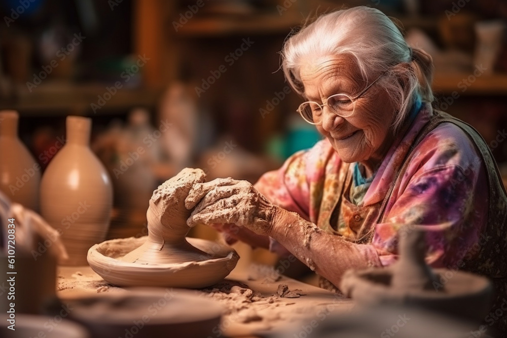 An elderly woman trying her hand at pottery, molding clay with a sense ...