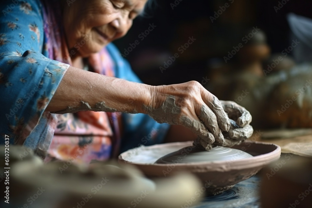 An elderly woman trying her hand at pottery, molding clay with a sense ...