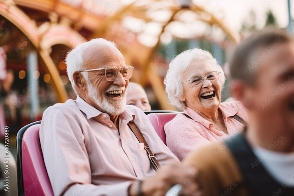A group of seniors enjoying a day at the amusement park, riding roller ...