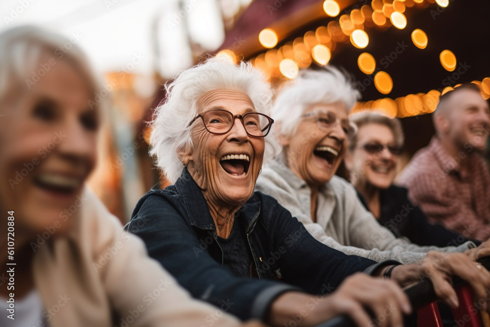 A group of seniors enjoying a day at the amusement park, riding roller ...