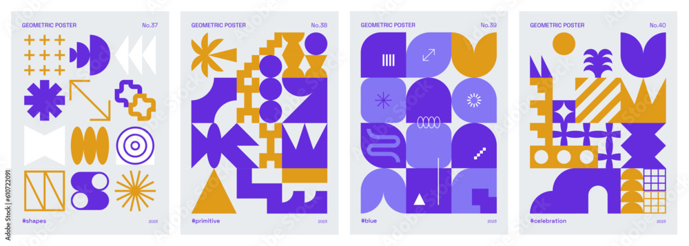 Trendy minimalist, modern, abstract, blue and gold poster set with ...