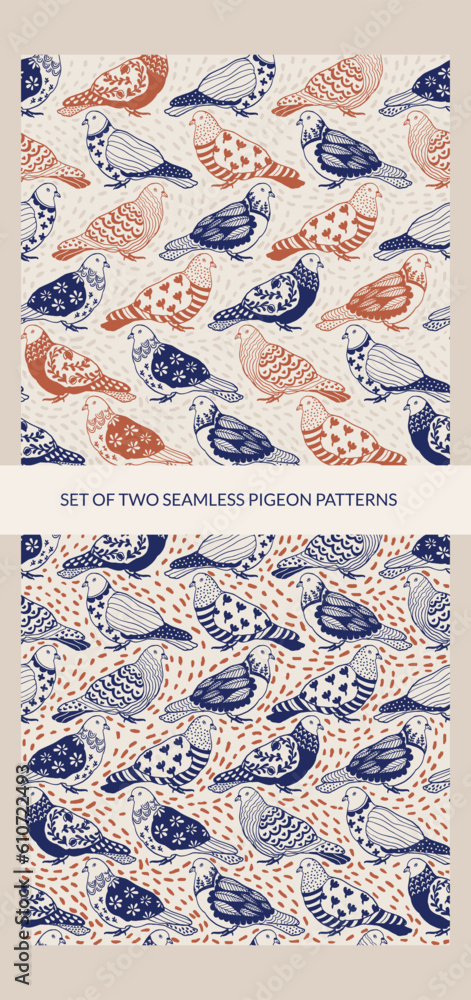 A set of 2 unique seamless pattern of pigeons in different floral folk ...