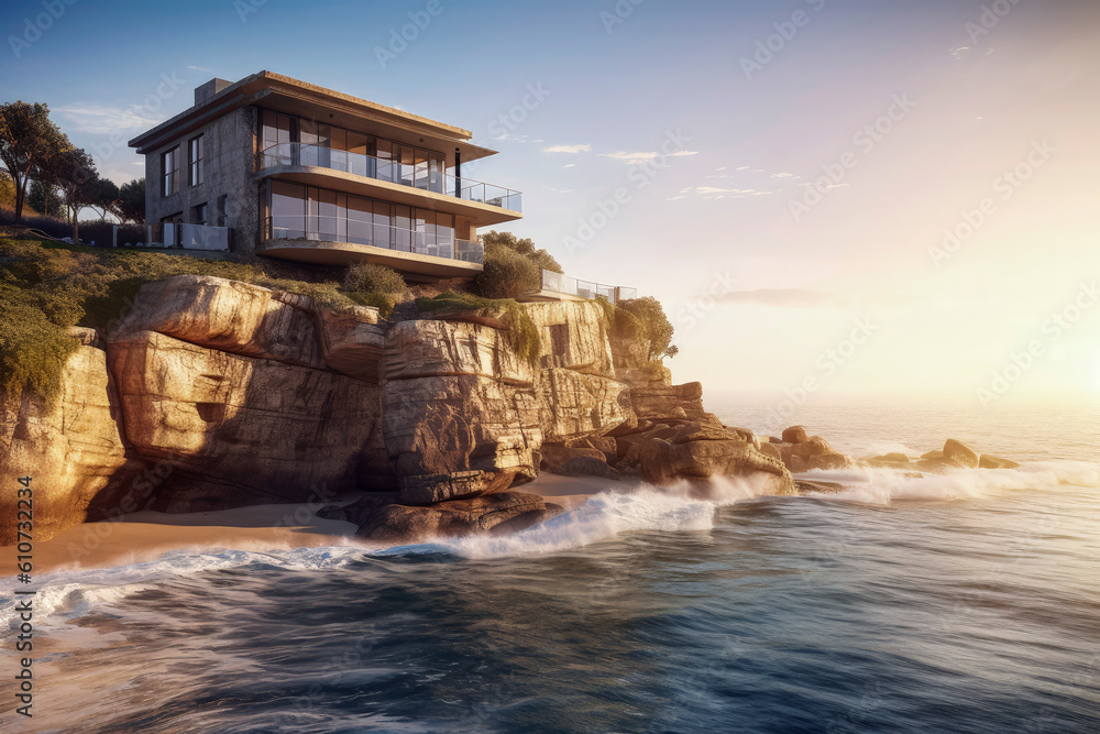 Generative AI illustration of Luxury house facing the sea with glass ...