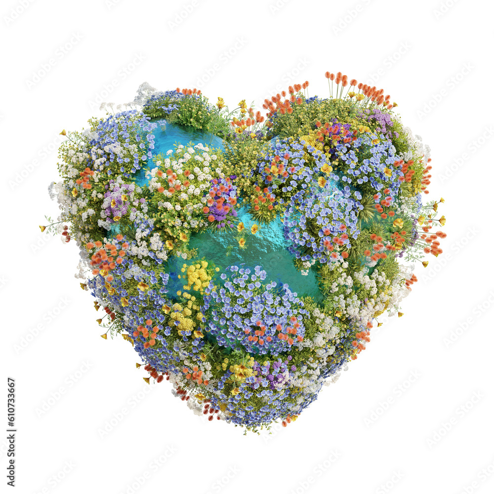 Natural heart shape tree and colorful flowers on the water surface with ...