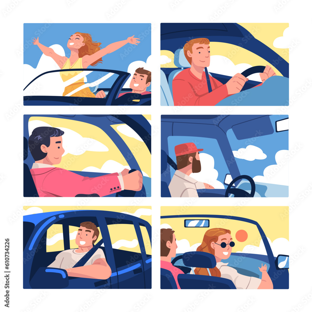 People Character Driving Car Sitting on Driver Seat Inside Vehicle ...