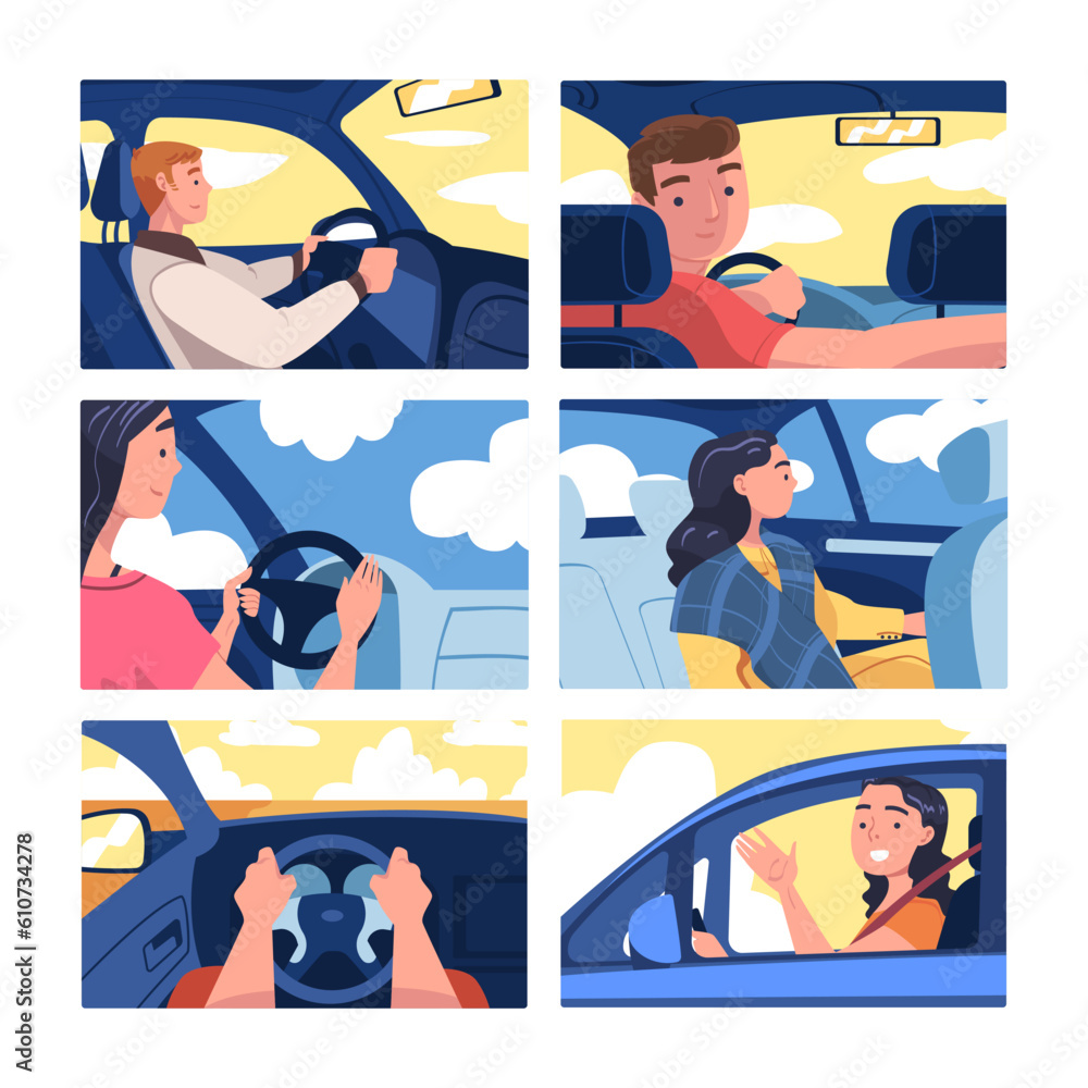 People Character Driving Car Sitting on Driver Seat Inside Vehicle ...