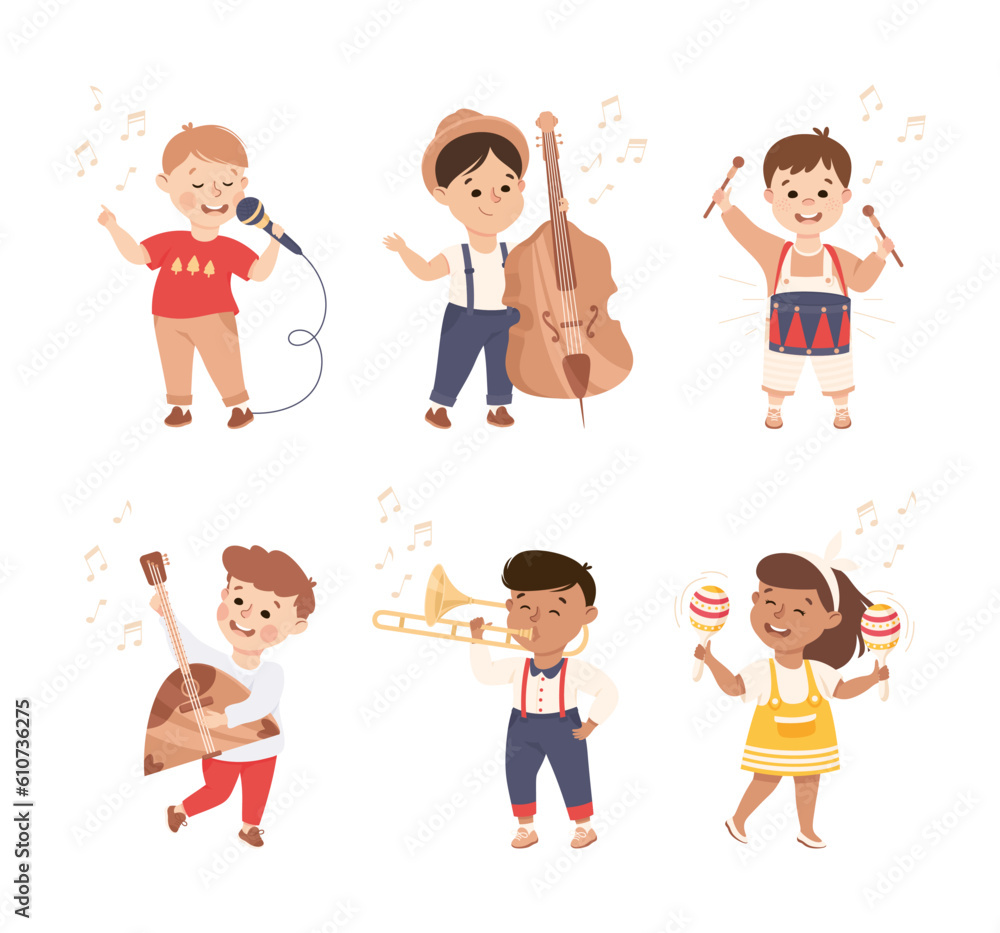 Funny Boy and Girl Playing Musical Instrument Performing on Stage ...