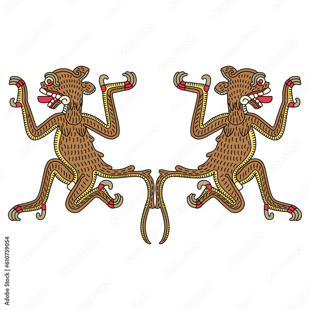 Symmetrical animal design with two stylized jaguars. Native American ...