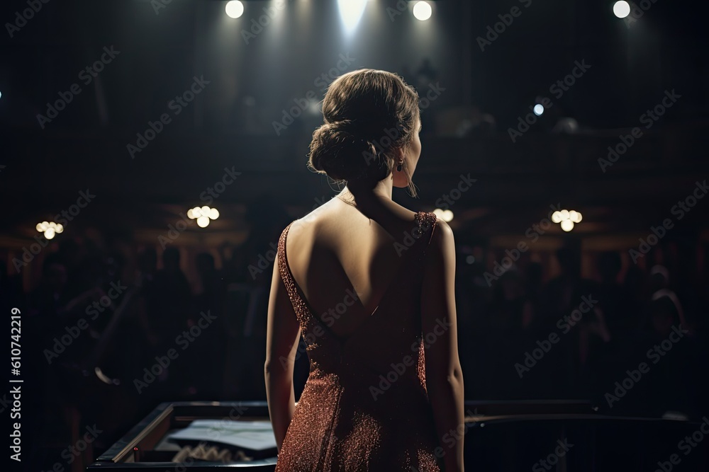 back view of beautiful young woman in evening dress looking away at ...