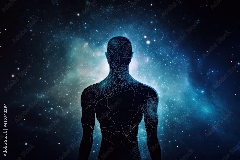 Conceptual image with male silhouette and glowing lines on space ...