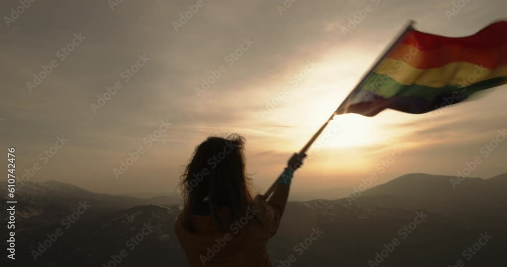 Successful Silhouette Woman Winner Waving Blowing LGBT Pride Flag on ...