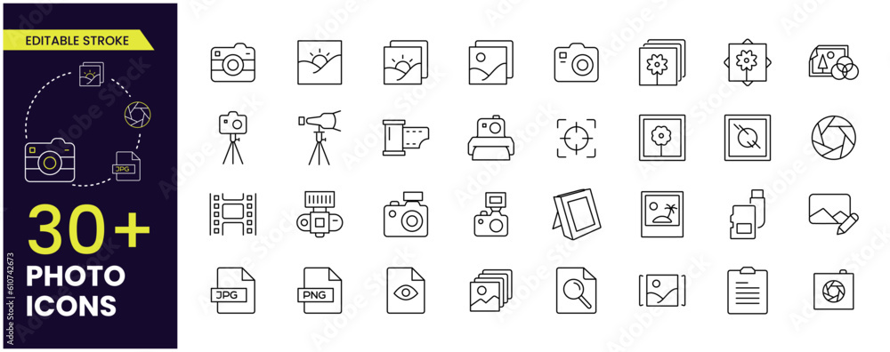 Vetor de Set of photo and cameras, vector line icons. Contains symbols ...
