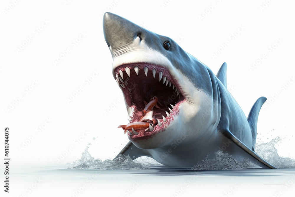 Great white shark hunting fish over water. Isolated on white background ...