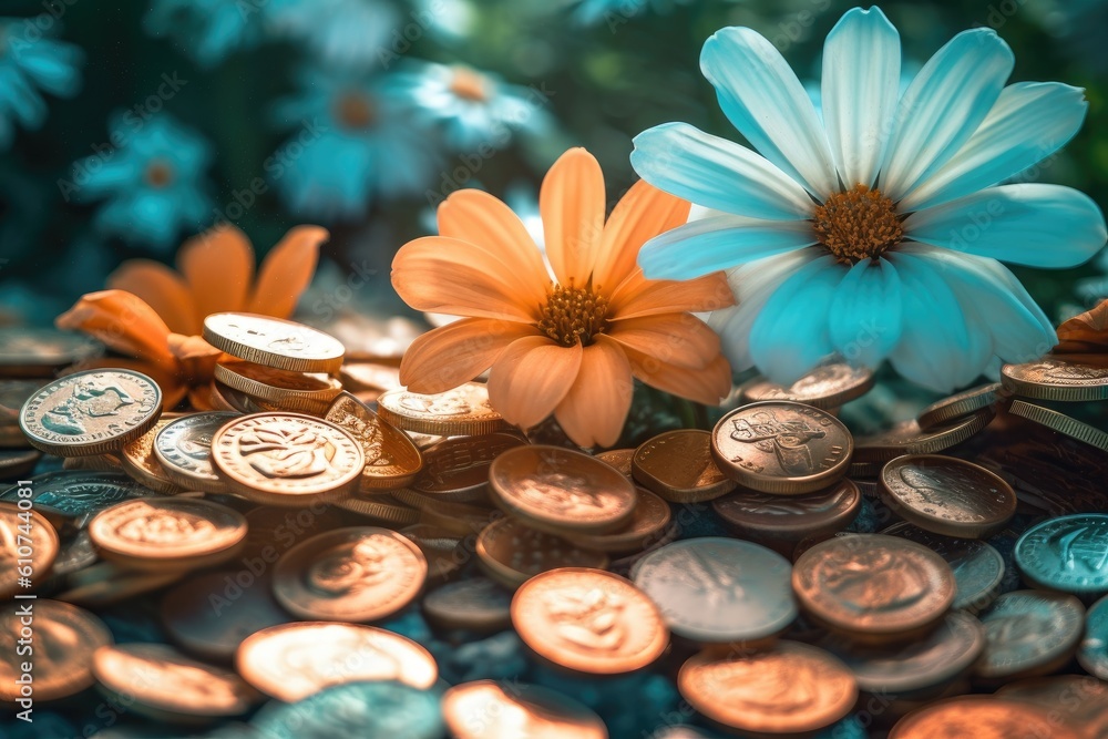 Coins and daisies in the garden. Money concept. Created with Generative ...