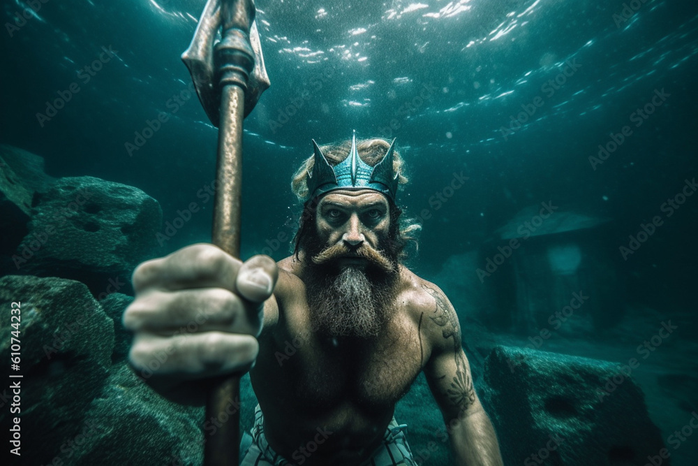 Poseidon, king of the sea underwater. Created with Generative AI. Stock ...