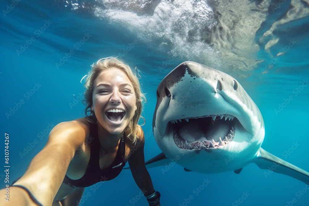 Swimmer woman selfie with great white shark underwater. Active holiday ...