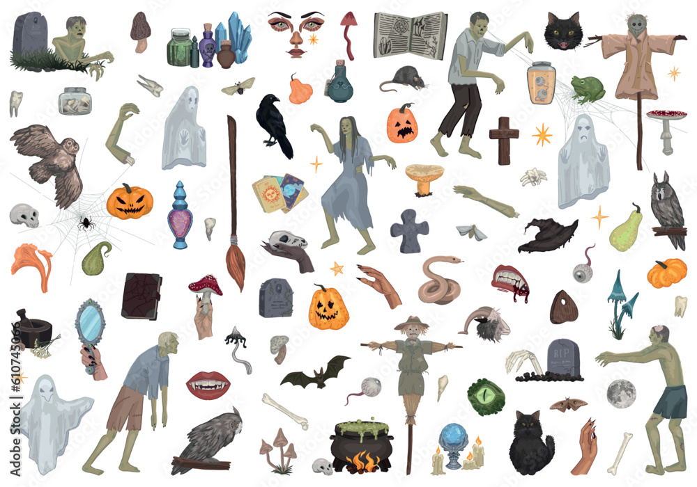Halloween clip arts collection. Zombies, witchcraft, spooky animals ...