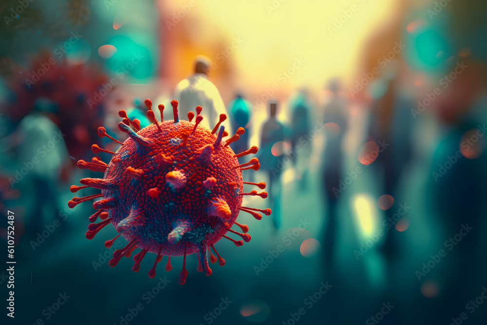 Virus particles hover, fly, spread in the air among crowds of people in ...