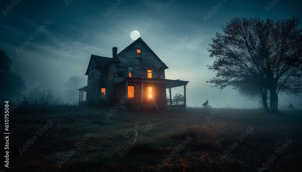 Spooky night, dark nature, foggy tree, rural scene, outdoors mystery ...