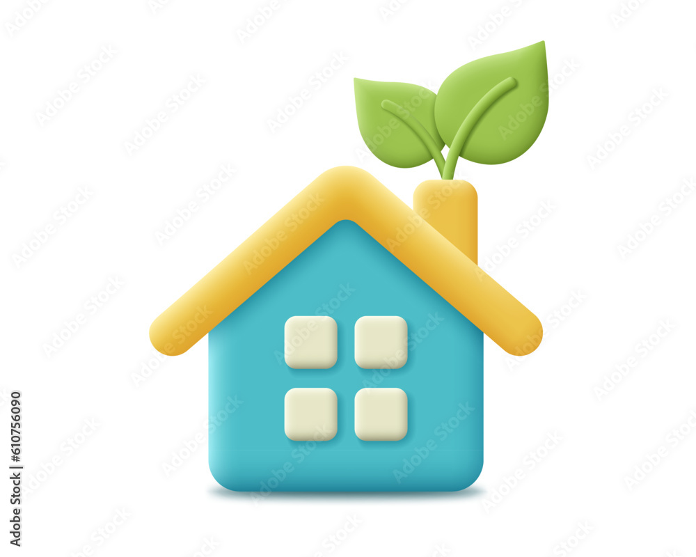 3D eco house with leaf, ecology icon. Render eco-friendly house for protect environment, global ...