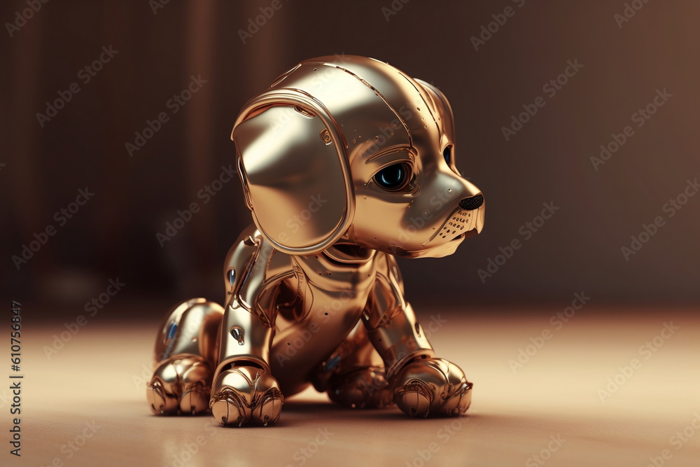 Technological metal robotic puppy gadget standing on the floor of the ...