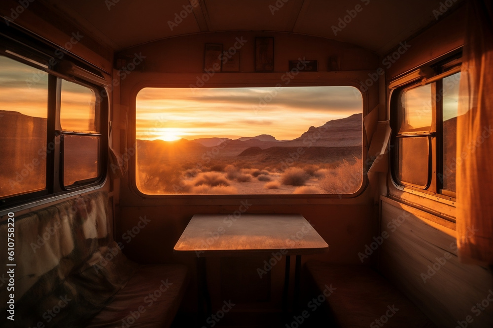 Sunset or sunrise through motor home caravan RV window from inside ...