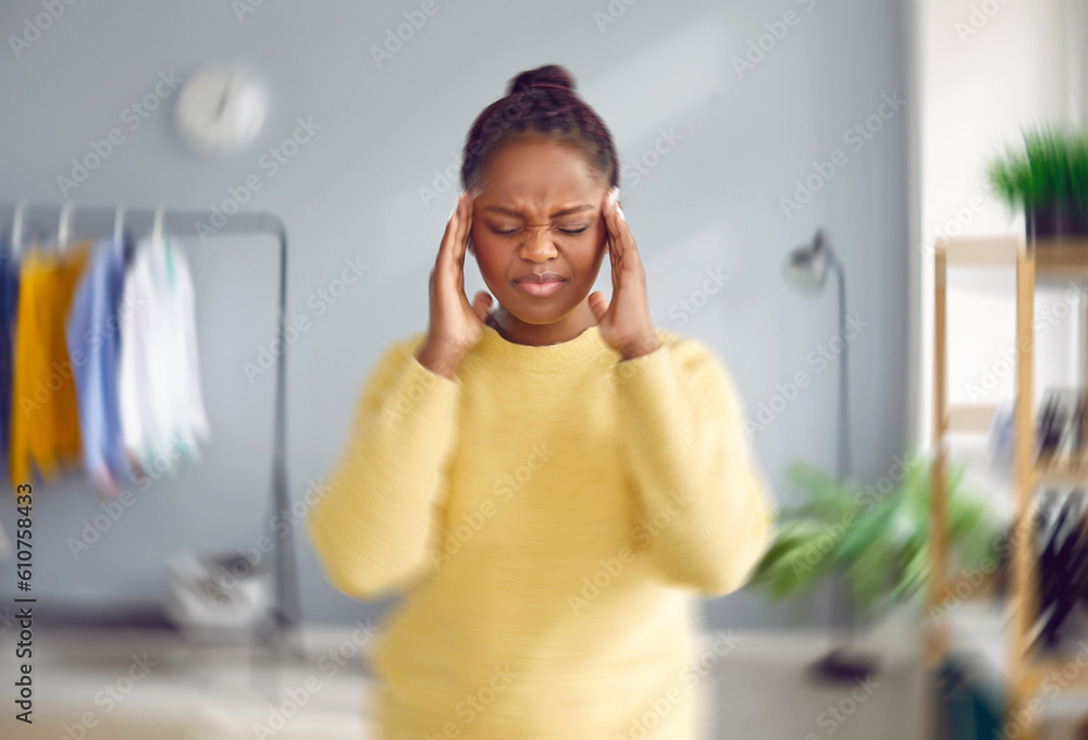 Sick, dizzy, young woman suffering from vertigo, headache. Portrait of ...