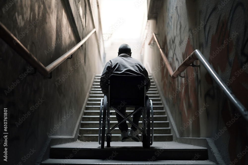 Back view of disabled senior person sitting on wheelchair in front of ...