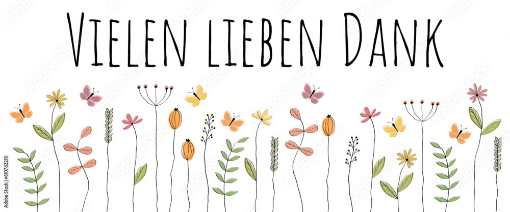 Vielen lieben Dank - Schriftzug in deutscher Sprache. Danksagungskarte mit liebevoll ...