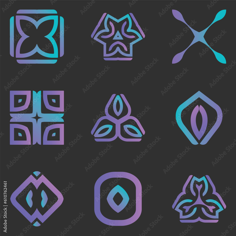 a set of geometric shapes in purple and blue, a set of logos on a black ...
