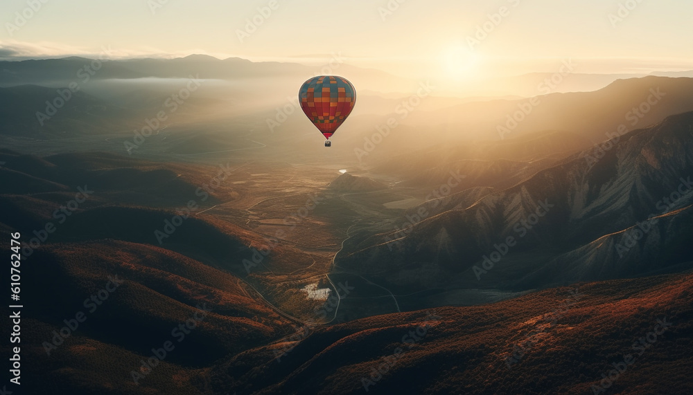Men flying mid air in hot air balloon over mountain peak generated by ...