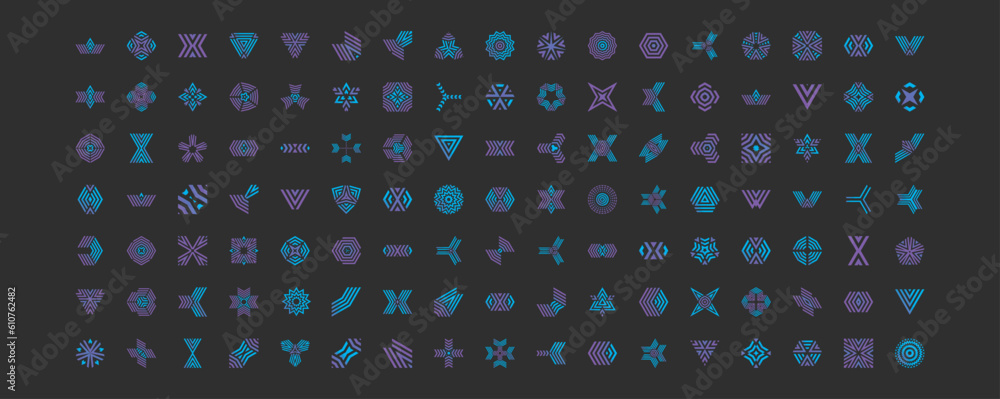 a group of blue and purple symbols, a collection of different shapes, a ...