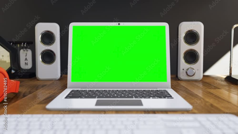Laptop in a modern work from home office, Green Screen, Chroma key for ...