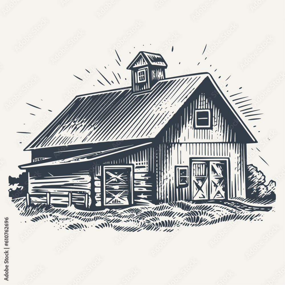 Hand drawn farm barn building illustration. Vintage woodcut engraving ...