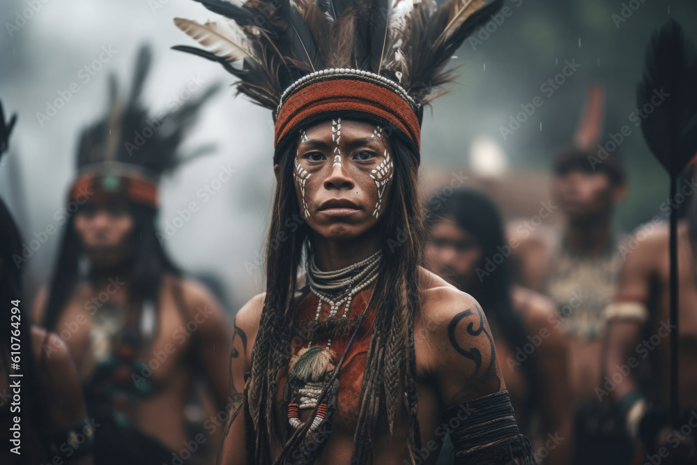 Portrait of indigenous tribe man. Traditional Indian with painted faces ...