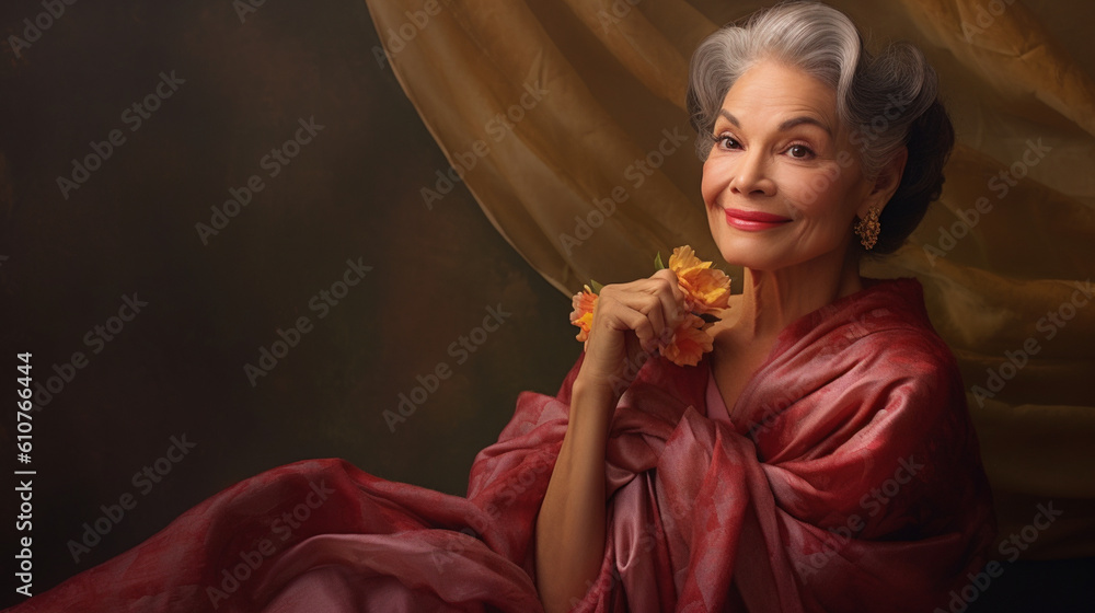 An ageless beauty with a radiant smile, wearing a classy and timeless ...