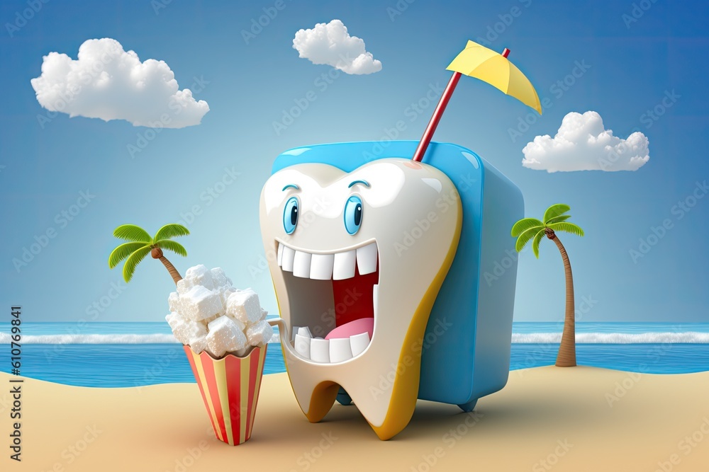 Cartoon tooth on vacation, with a dental care concept. Drawing ...