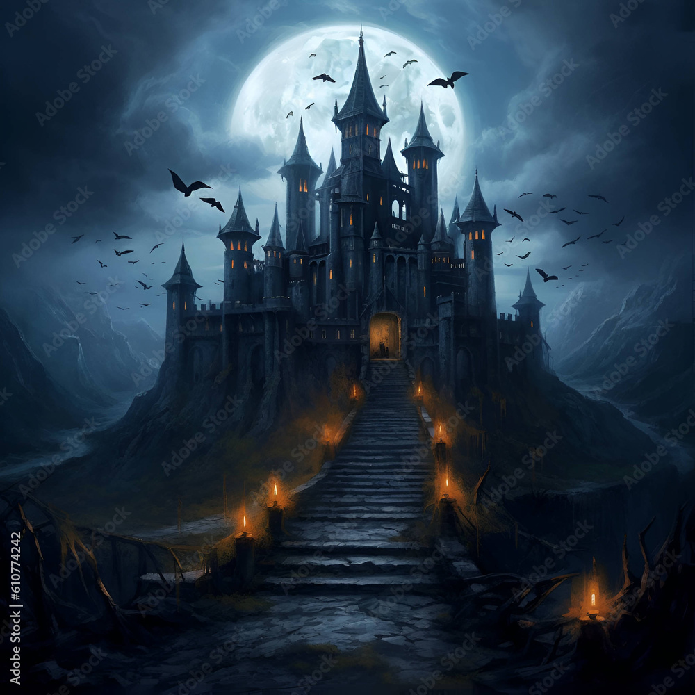 Generative AI castle on mountain in moonlight and path going to castle ...