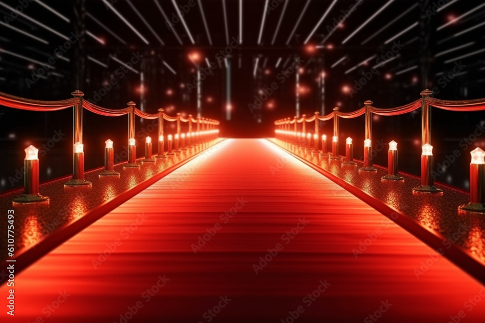 Glowing lights illuminate an empty red carpet fashion runway Generative ...