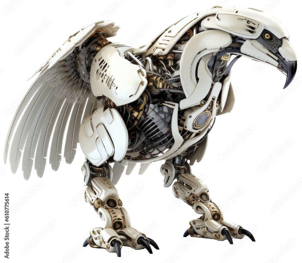 Robotic eagle as mechanical cyber animal isolated on a white background ...