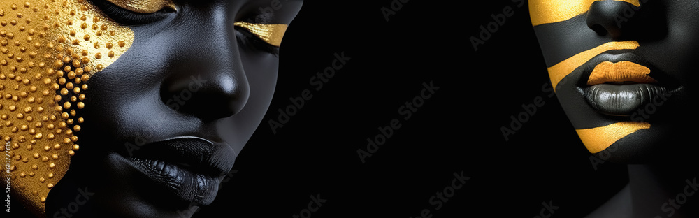 Fashion art. Beauty woman painted in black gold skin color body, gold ...
