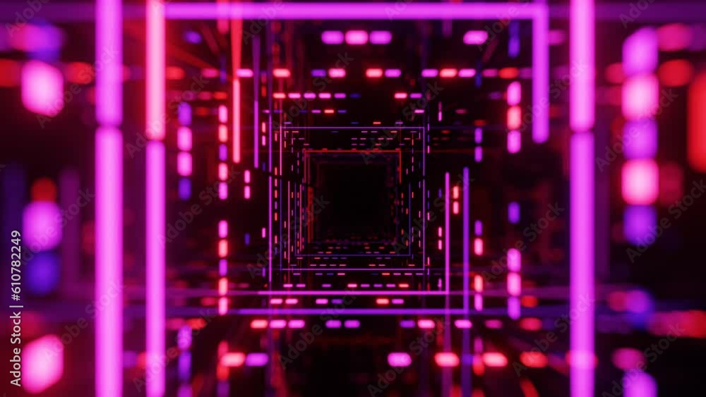 triangular tunnel. Fly through mirror tunnel with neon pattern, glow lines form sci fi pattern ...