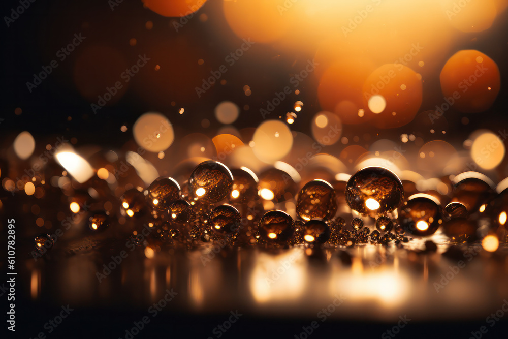 A drop of rain water falls on the floor in heavy rain. Golden lighting ...