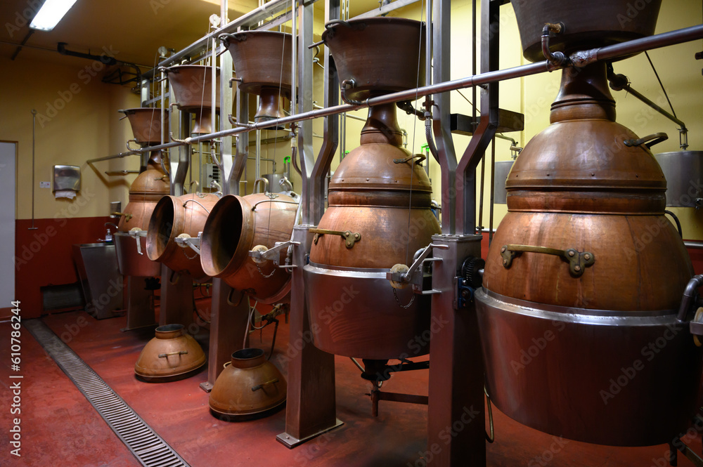 Gin distillation process in copper tanks in Spanish bodega Stock Photo ...