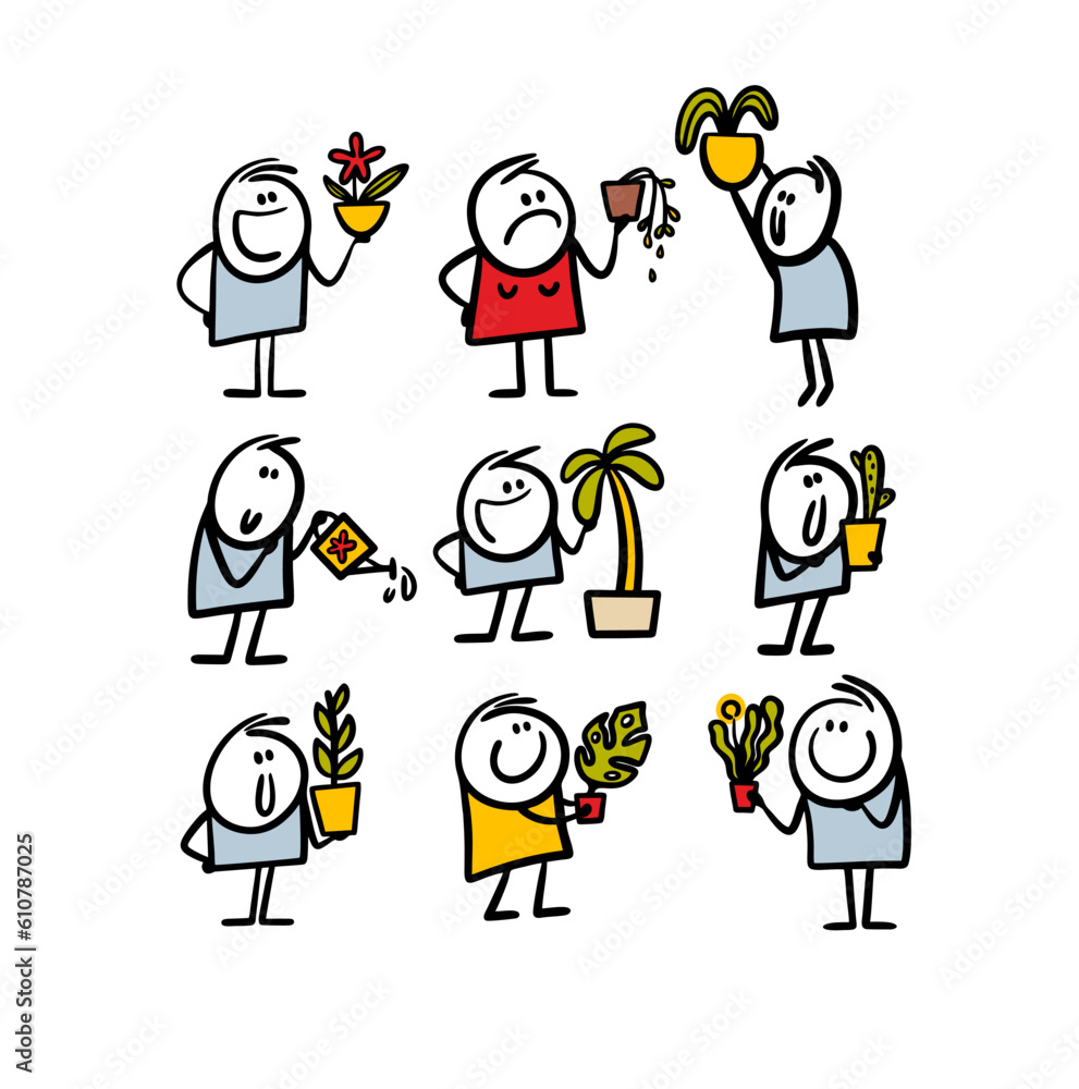 Set of home gardeners with exotic plants in flower pots. Vector ...