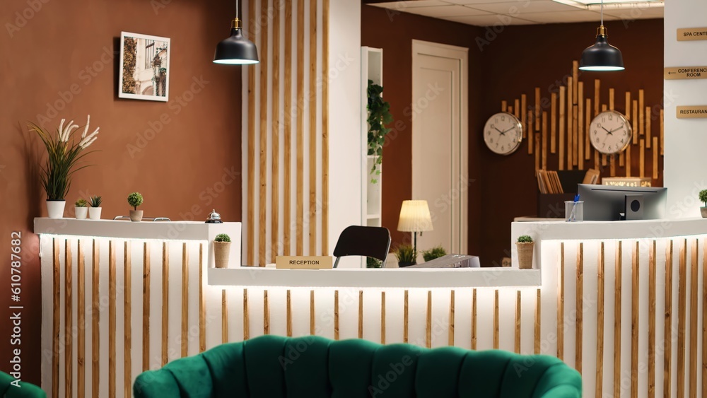 Interior of welcoming rustic hospitality industry hotel lobby filled ...