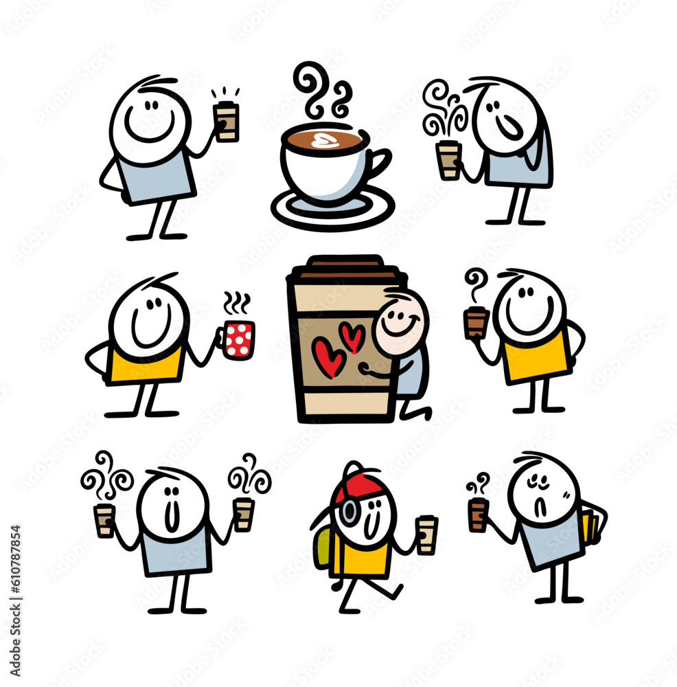Coffee mania set of cute stick figure drink lovers. Vector illustration ...