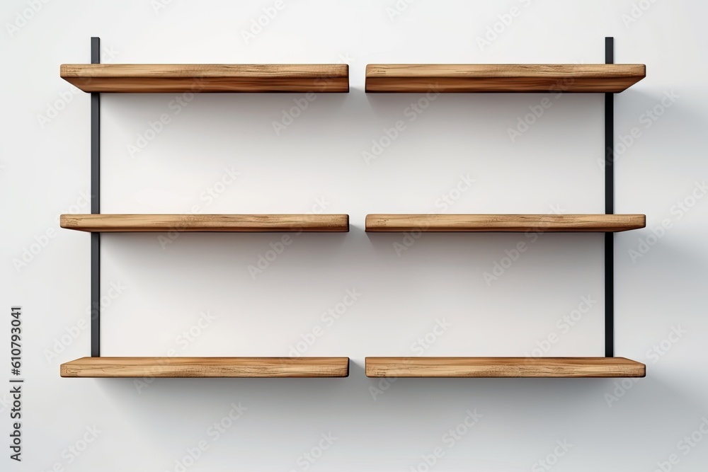 Metal-topped wooden shelves that are empty, seen from a perspective ...